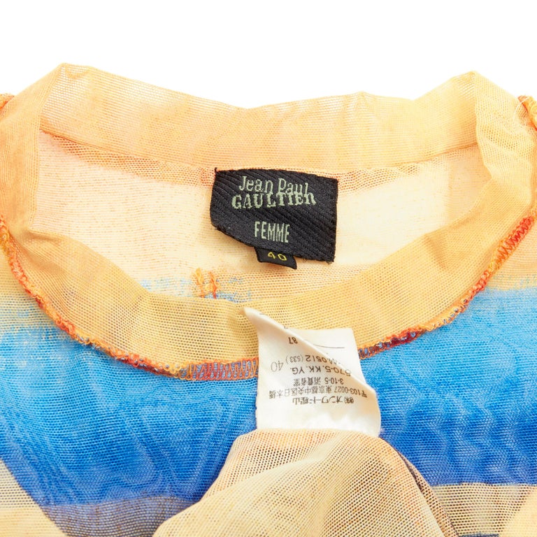 JEAN PAUL GAULTIER FEMME yellow crane mountain sheer crew mesh top IT40 ...