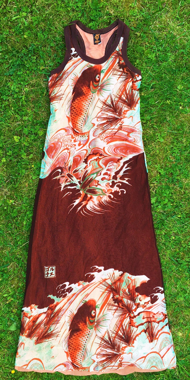 Jean Paul Gaultier - Robe de soirée longue en maille imprimée poissons ...