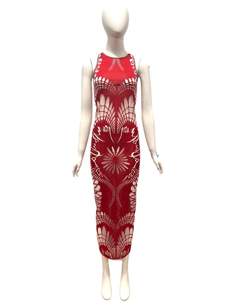 Jean Paul Gaultier red stretch dress with sheer panels For Sale at 1stDibs