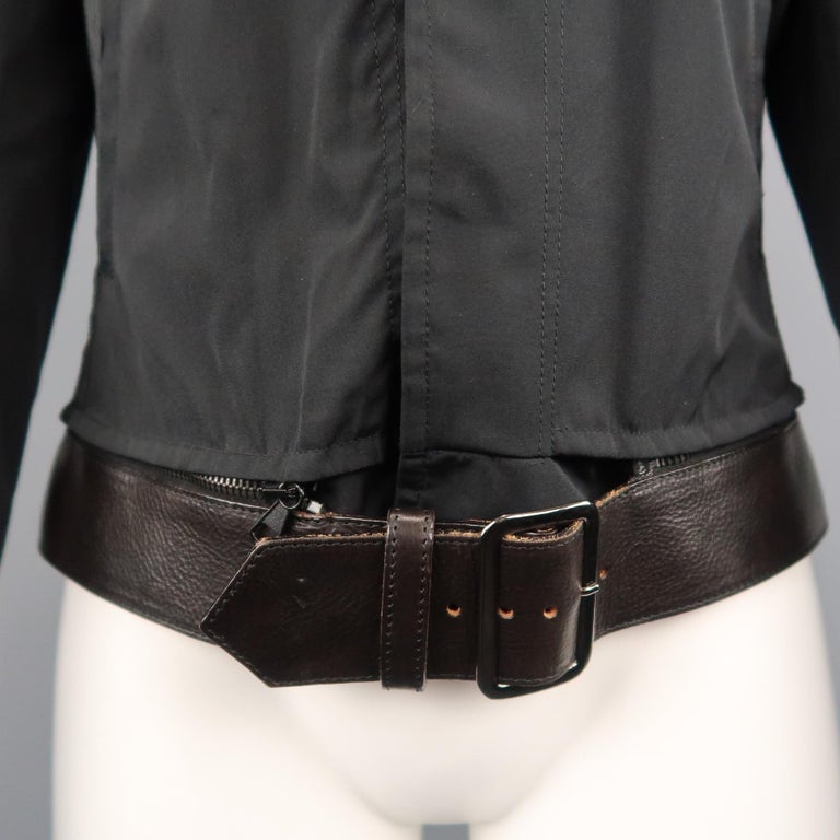 JEAN PAUL GAULTIER Size 8 Black Hiden Placket Brown Belt Trucker Jacket ...