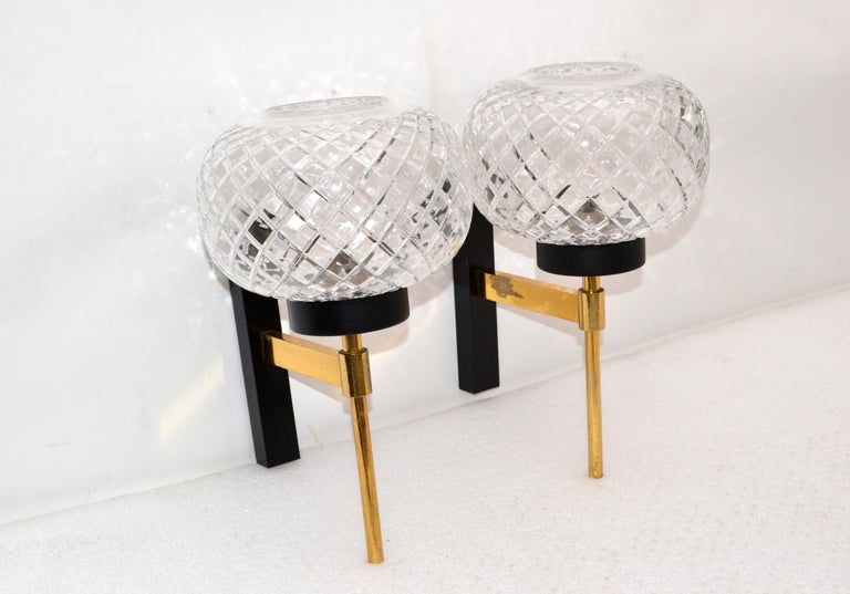 Jean Perzel Style French Sconces Brass and Black Finish Cut Glass Shade ...