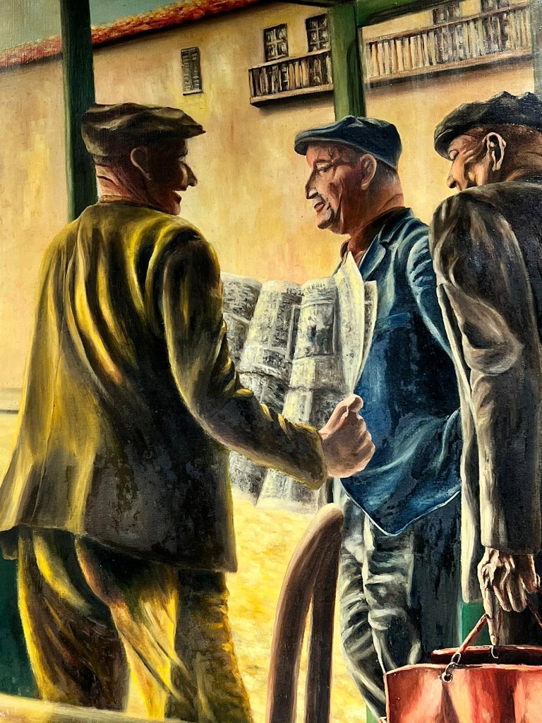 Jean Renaud - Huge 1970's French Signed Oil Three Men in Cafe Chatting ...