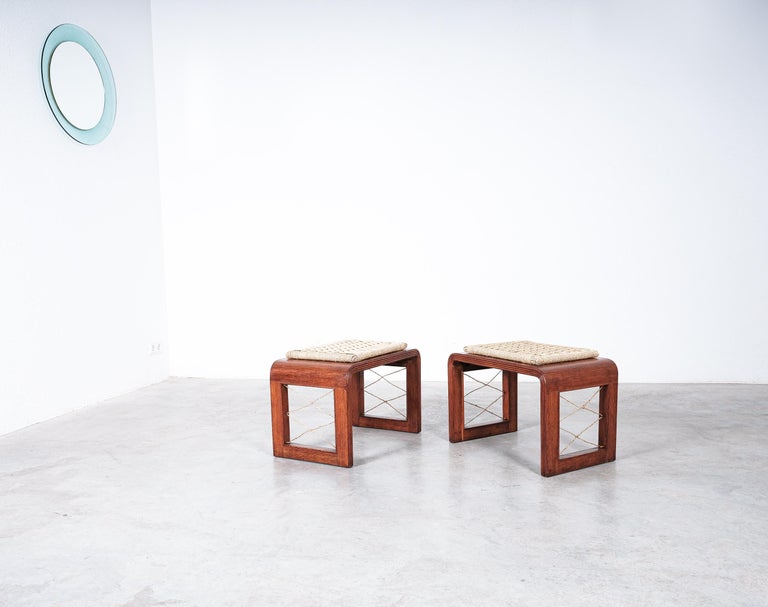Jean Royere Style Stools Wood and Rope, France 1950 For Sale at 1stDibs