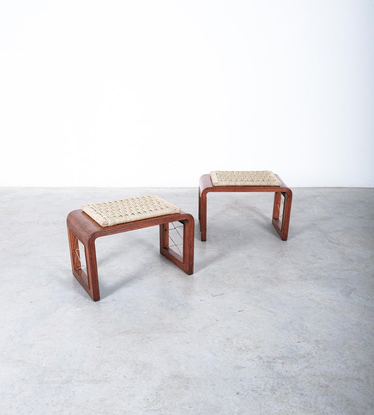 Jean Royere Style Stools Wood and Rope, France 1950 For Sale at 1stDibs