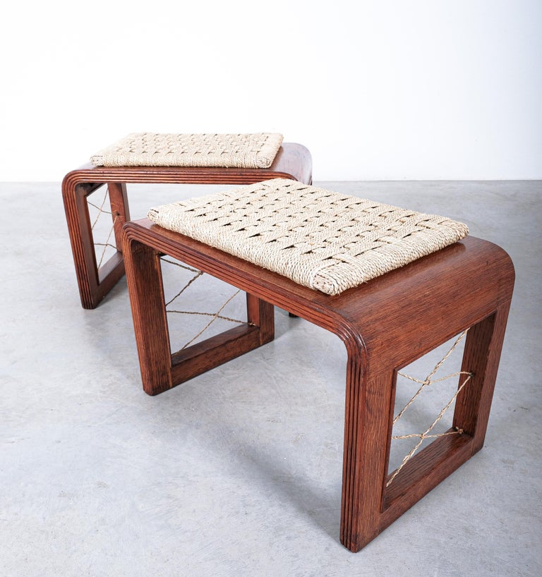 Jean Royere Style Stools Wood and Rope, France 1950 For Sale at 1stDibs