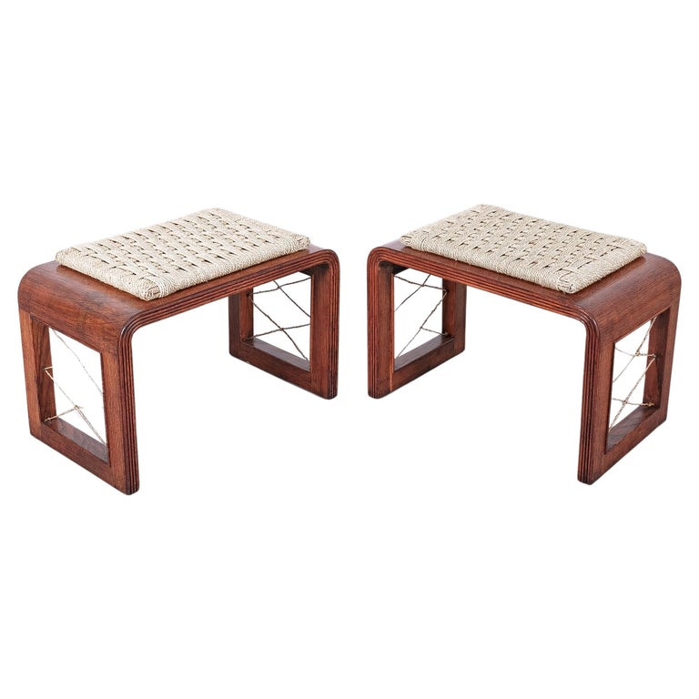 Jean Royere Style Stools Wood and Rope, France 1950 For Sale at 1stDibs