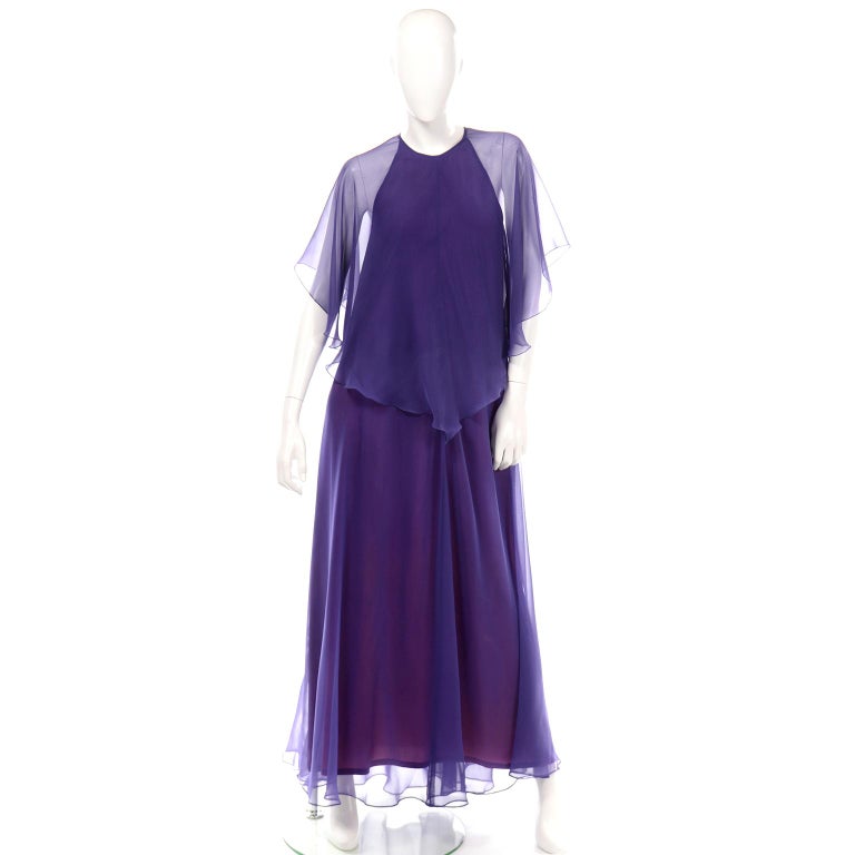 Jean Varon 1970s Vintage Blue Chiffon Evening Dress With Sheer Overlay ...
