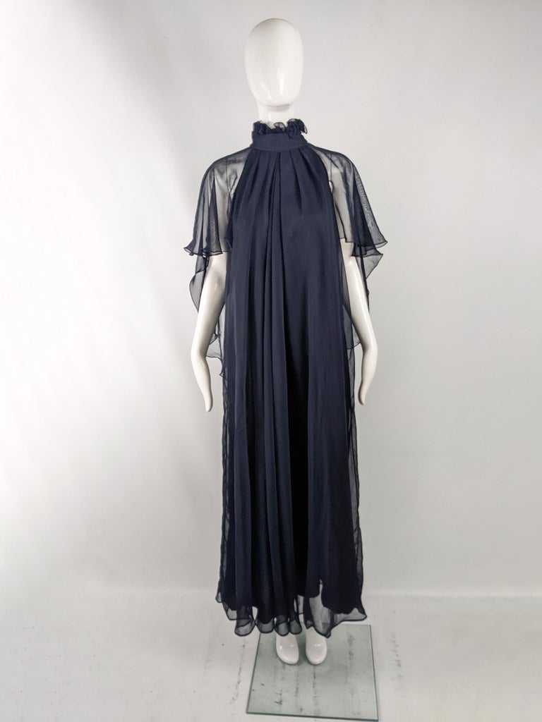 Jean Varon Vintage 1970s Navy Blue Chiffon Dress Cape Sleeves Evening ...