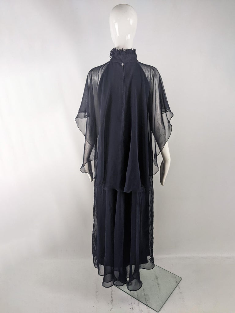 Jean Varon Vintage 1970s Navy Blue Chiffon Dress Cape Sleeves Evening ...