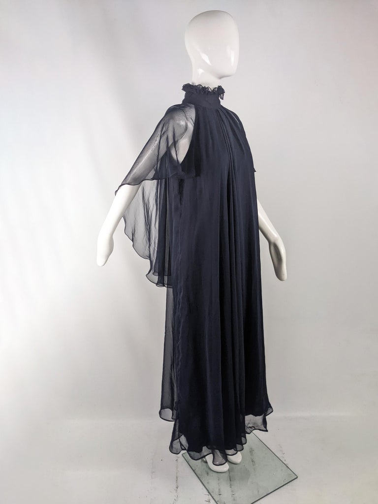 Jean Varon Vintage 1970s Navy Blue Chiffon Dress Cape Sleeves Evening ...