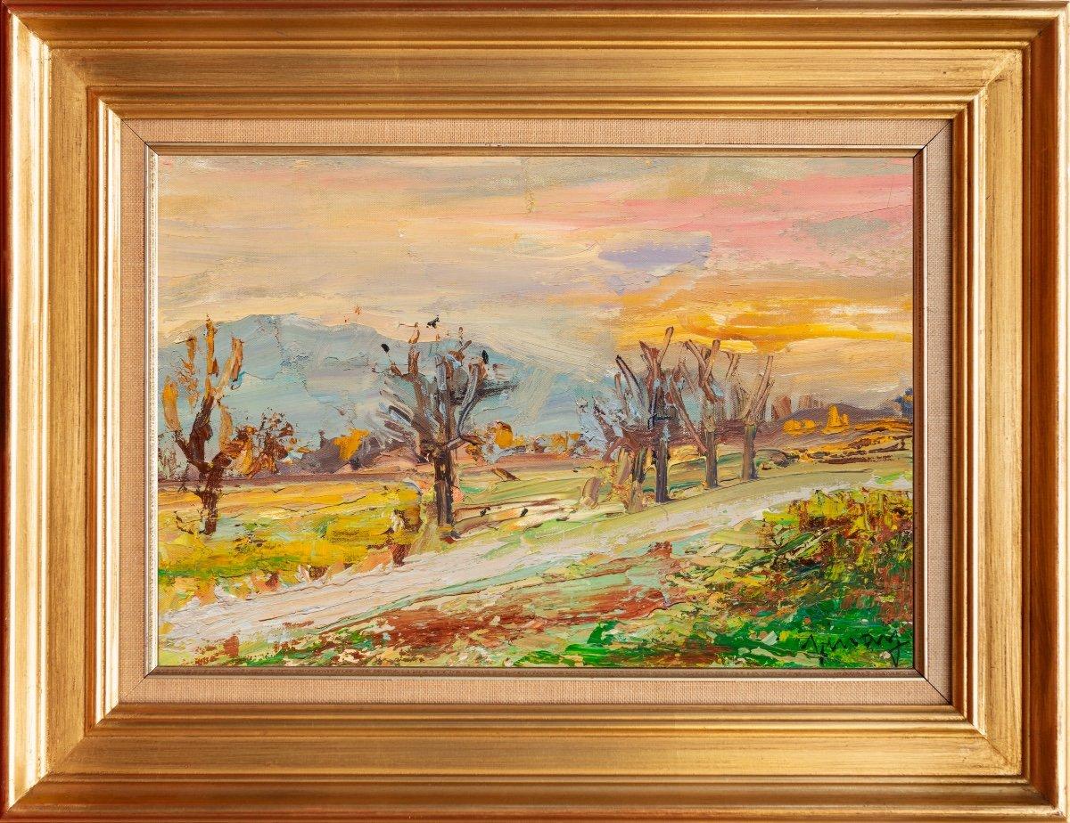 Jean Vinay - Sunset over the path, Expressionist Original Signed Oil on ...