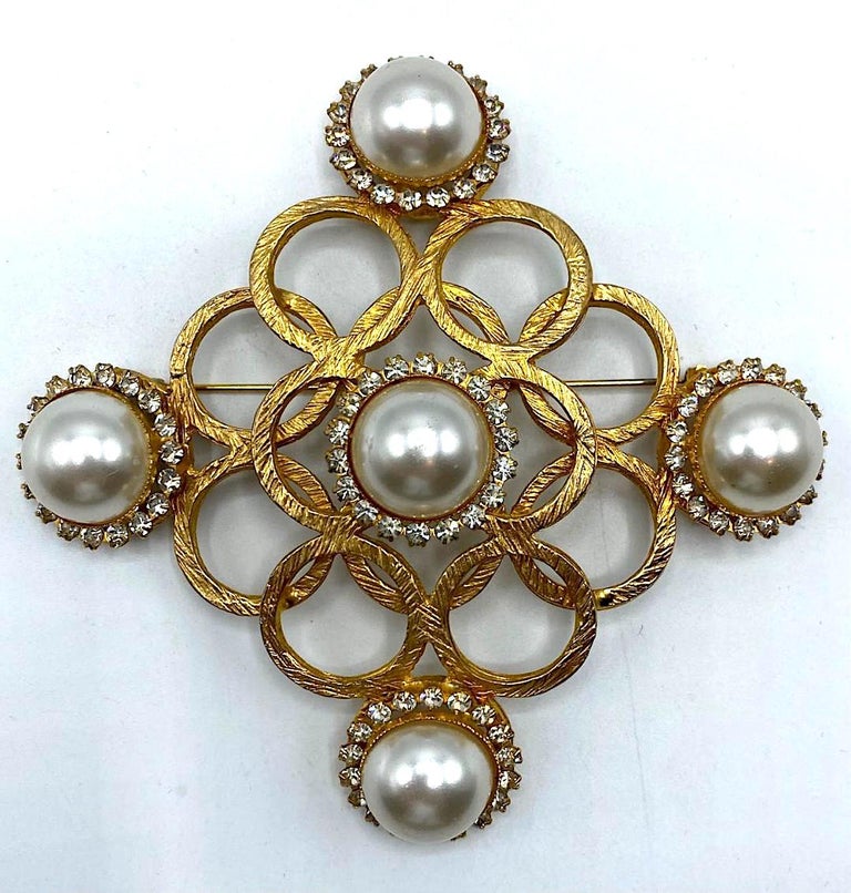 Jeanne 1950s Gold, Pearl and Rhinestone Huge 4.5" Medallion Pin For ...