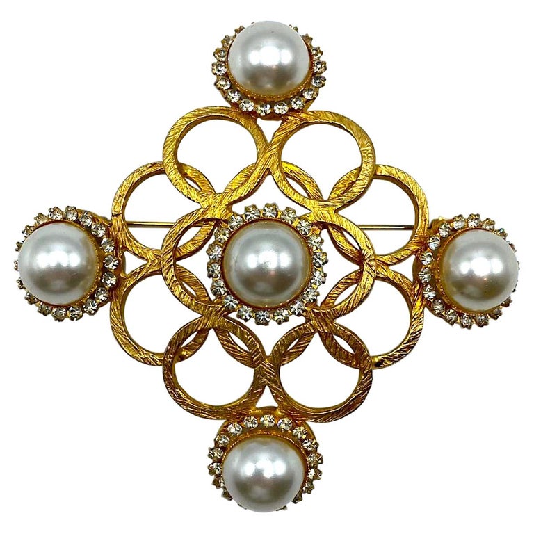 Jeanne 1950s Gold, Pearl and Rhinestone Huge 4.5" Medallion Pin For ...