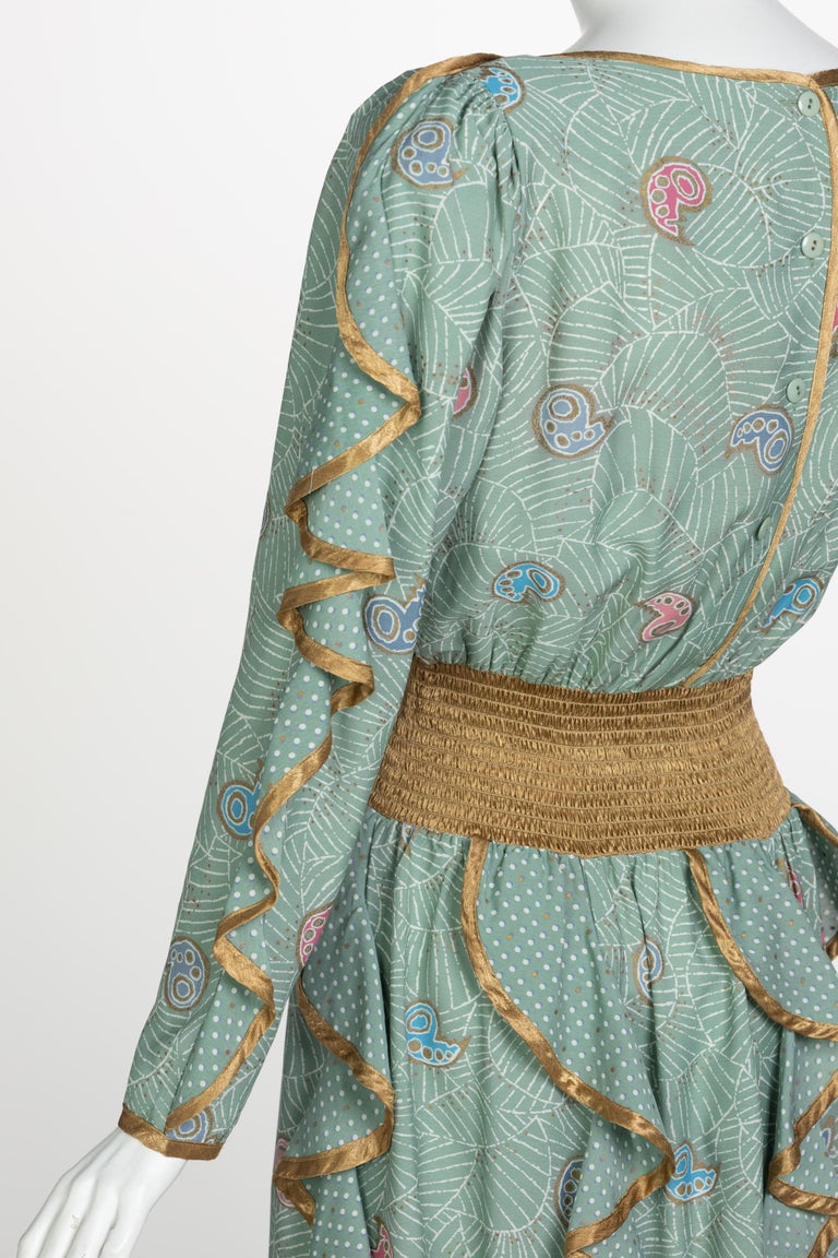 Jeanne Marc Seafoam Print Dress Gold Accents, 1980s at 1stDibs | jeanne ...