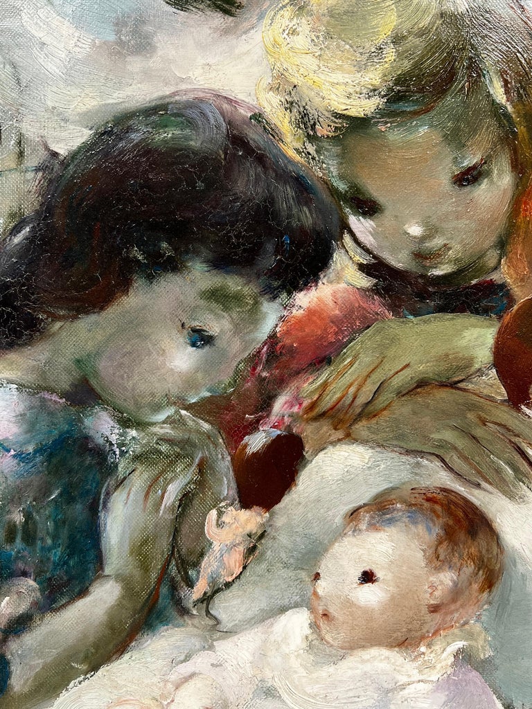 Jeannette Deseglise - Signed French Modernist Oil Children with Baby ...