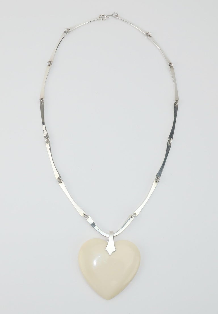 Jeep Collins Bone Heart Pendant Sterling Silver Necklace, 1970's at 1stDibs