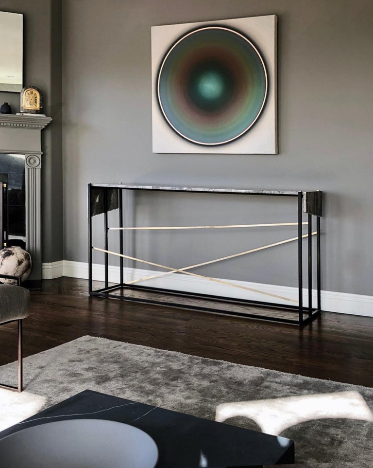 Jeffery Console Table in Blackened Steel, Brass and Waterfall Marble ...