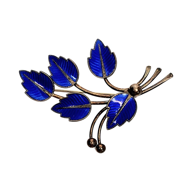 Jemax Denmark Sterling Silver Gold Plated Blue Enamel Leaf Pin/Brooch ...