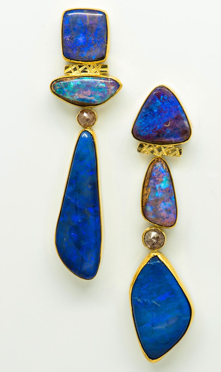 Jennifer Kalled Opal Earrings Rose Cut Diamonds 22 Karat Gold at 1stDibs