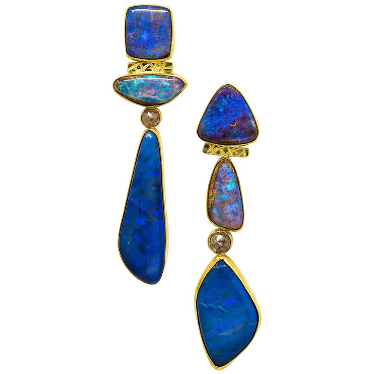 Jennifer Kalled Opal Earrings Rose Cut Diamonds 22 Karat Gold at 1stDibs
