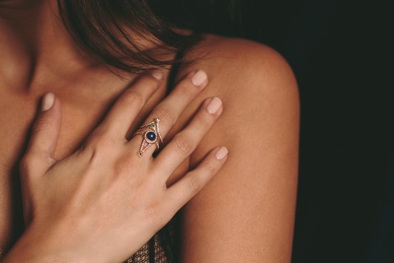 Maia Ring, Rainbow Moonstone, Diamonds, Blue Sapphire, 18 Karat Rose Gold For Sale at 1stDibs