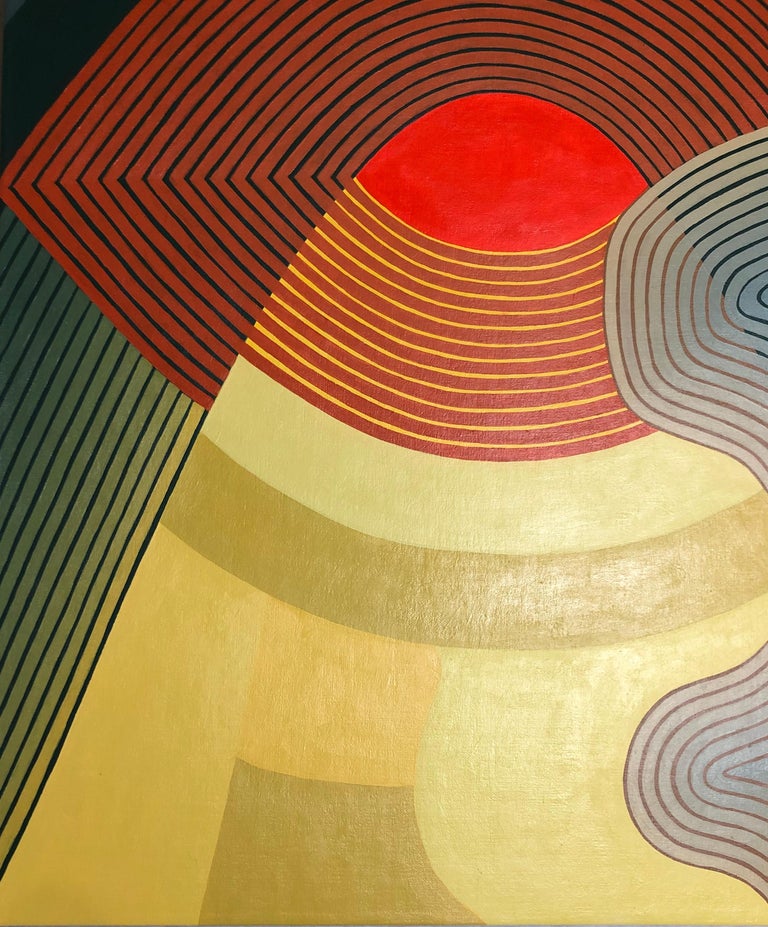 Jenny Kemp - Upside, Vertical Abstract Geometric Painting with Red ...