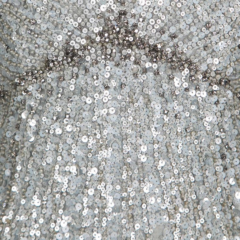 Jenny Packham Grey Sequin Embellished V-Neck Sleeveless Gown S For Sale ...