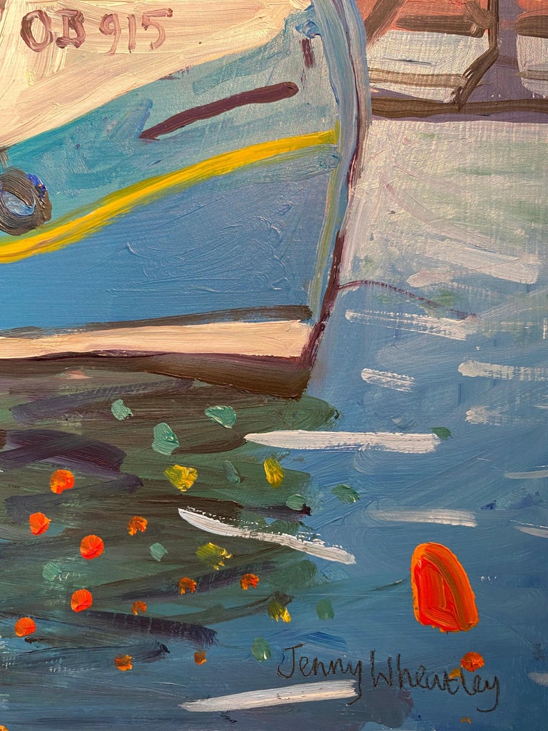 Jenny Wheatley - 'Craignure' Contemporary Harbour scene of a boat, blue ...