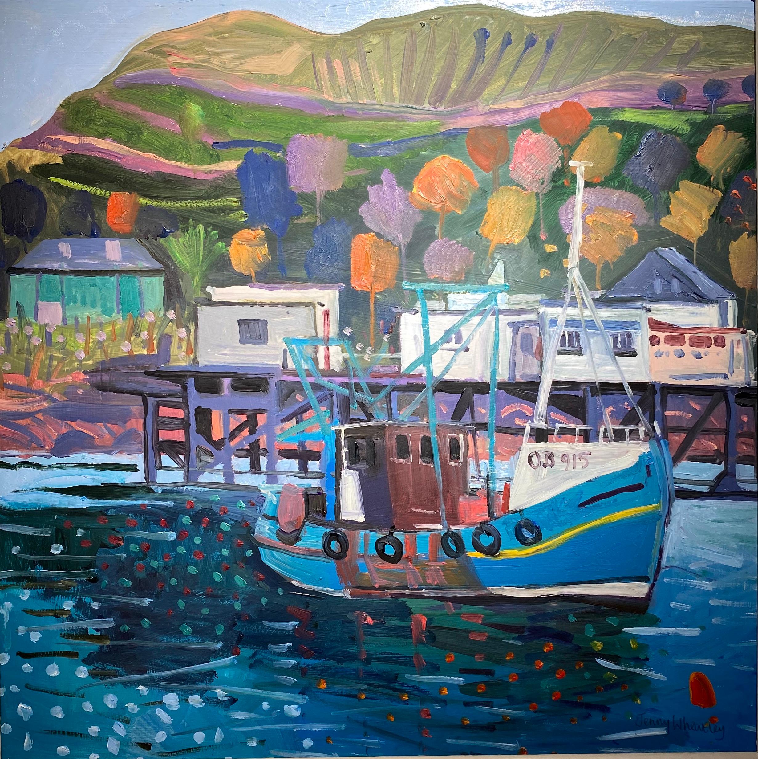 Jenny Wheatley - 'Craignure' Contemporary Harbour scene of a boat, blue ...