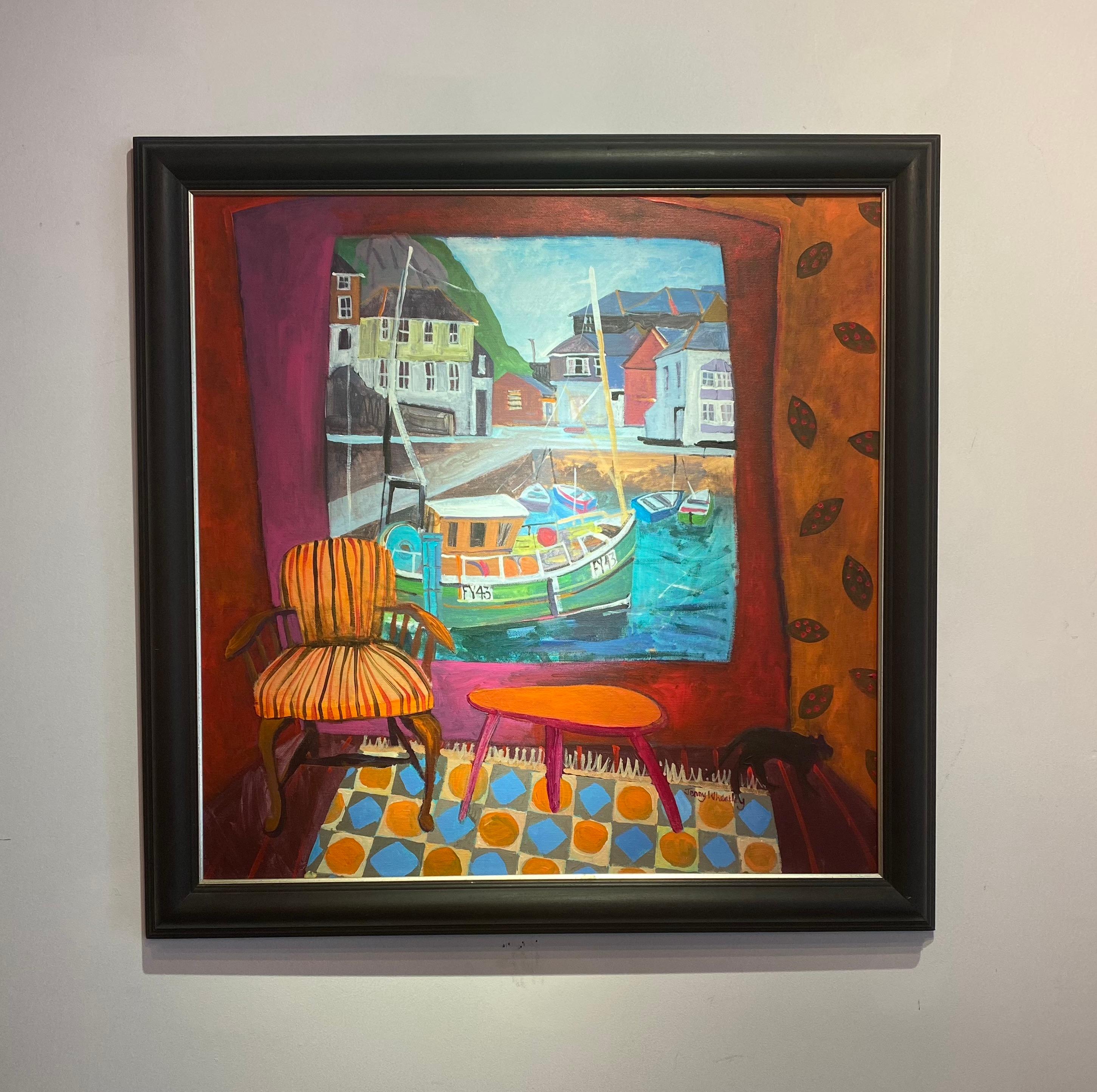 Jenny Wheatley - 'Craignure' Contemporary Harbour scene of a boat, blue ...