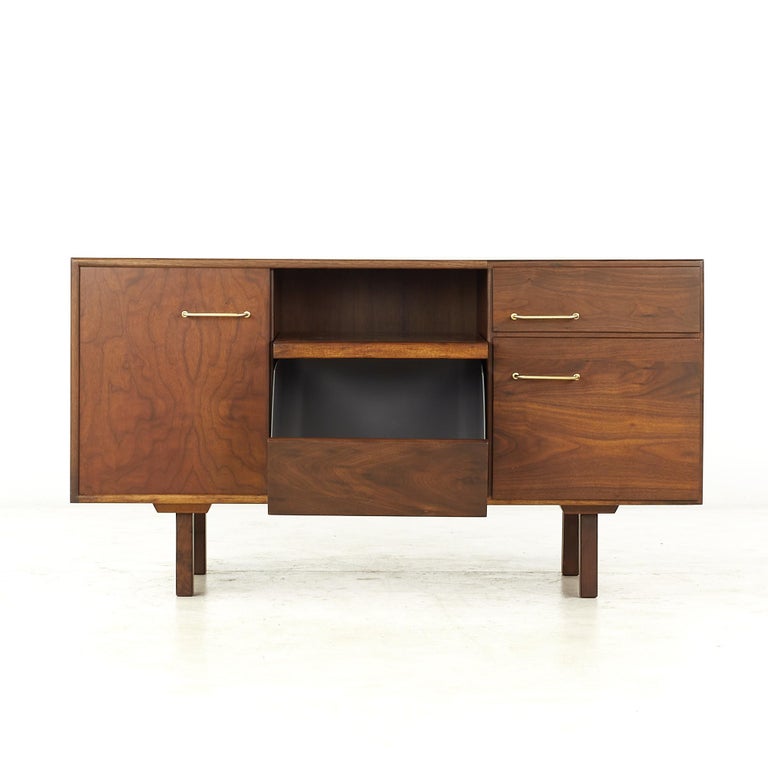 Jens Risom Mid Century Walnut and Brass Media Cabinet For Sale at 1stDibs