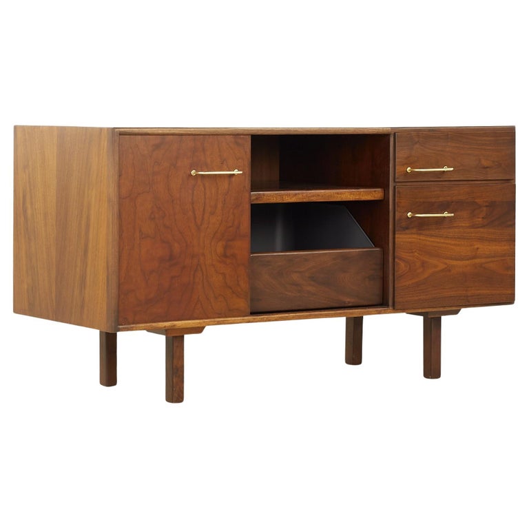 Jens Risom Mid Century Walnut and Brass Media Cabinet For Sale at 1stDibs