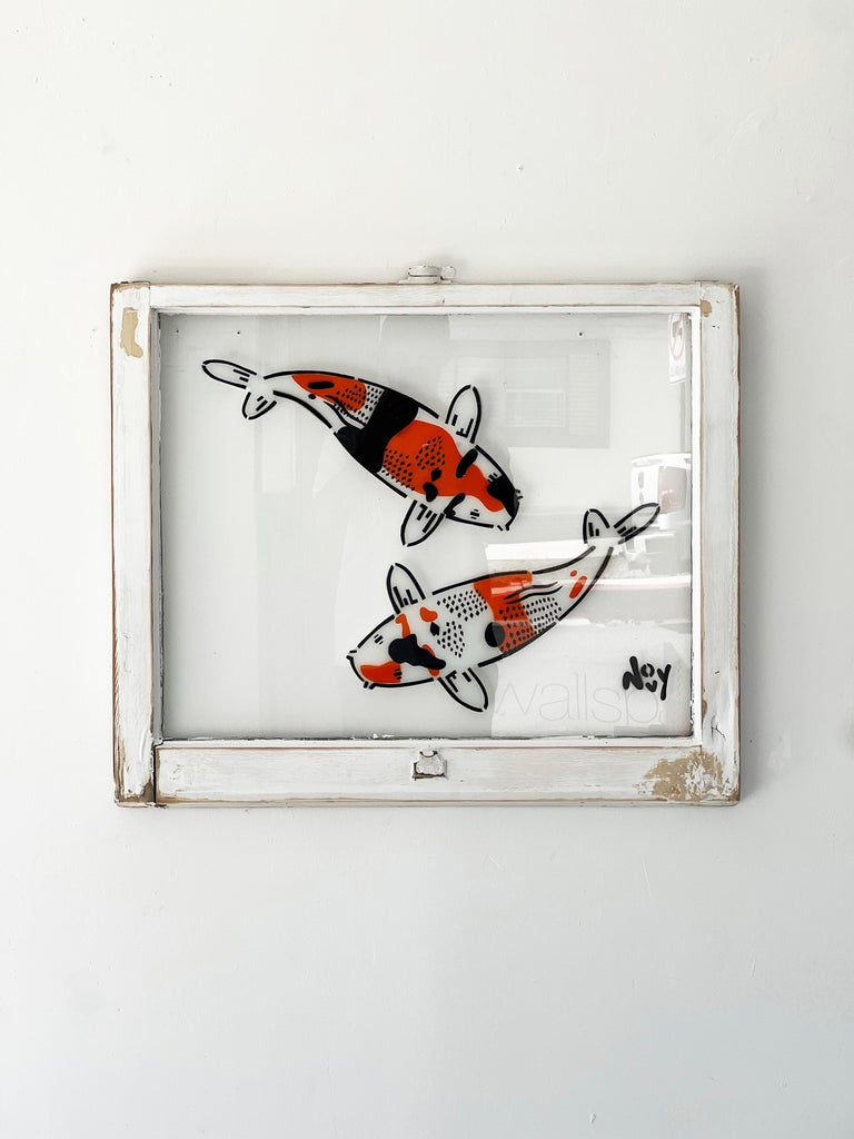 Jeremy Novy - 2 Koi spray painted stencil on white stained wood window ...