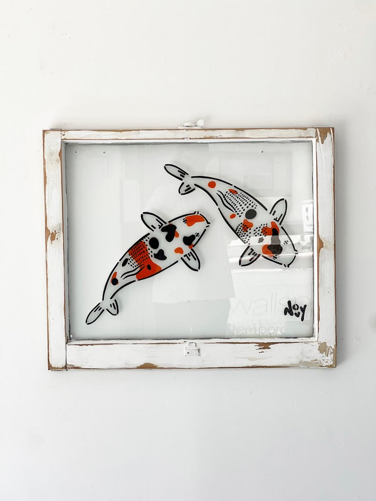 Jeremy Novy - 2 Koi spray painted stencil on white stained wood window ...