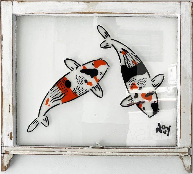 Jeremy Novy - 2 Koi spray painted stencil on white stained wood window ...