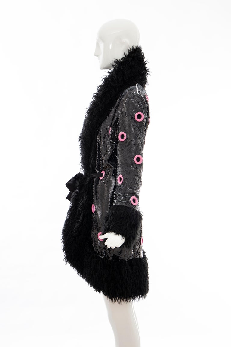 Jeremy Scott Runway Black Sequins Faux Fur Pink Enamel Grommets Coat ...