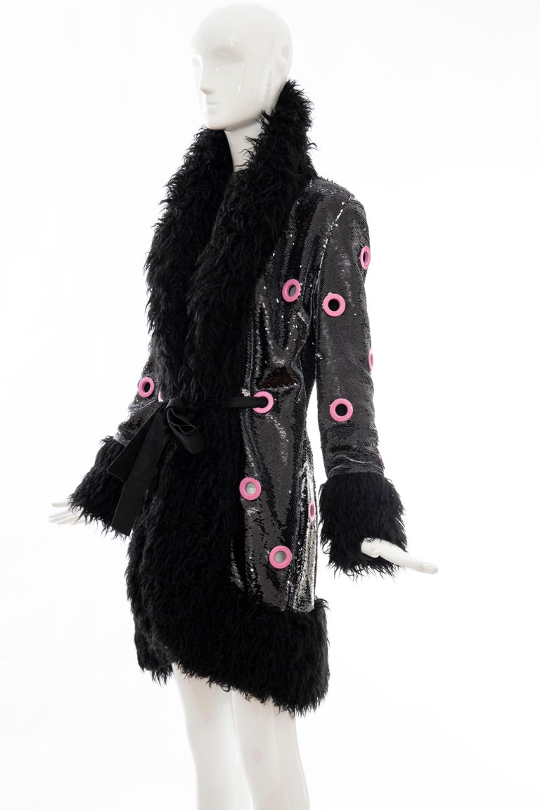 Jeremy Scott Runway Black Sequins Faux Fur Pink Enamel Grommets Coat ...