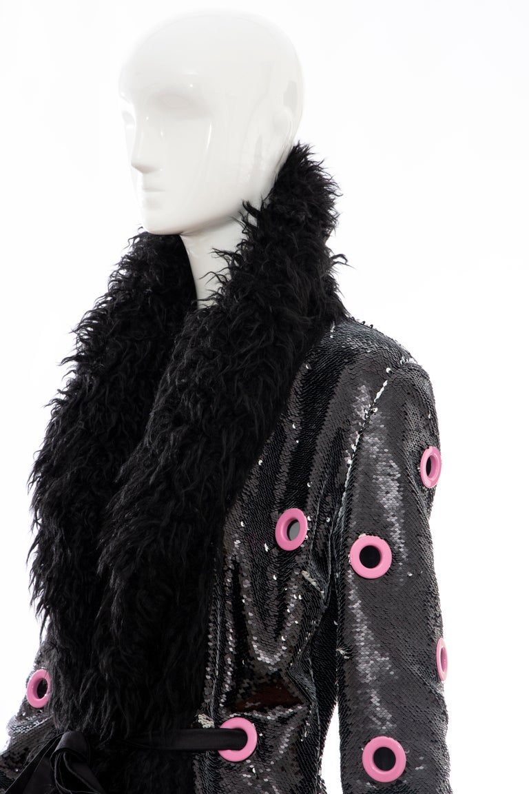 Jeremy Scott Runway Black Sequins Faux Fur Pink Enamel Grommets Coat ...