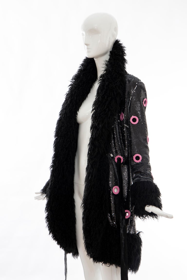 Jeremy Scott Runway Black Sequins Faux Fur Pink Enamel Grommets Coat ...