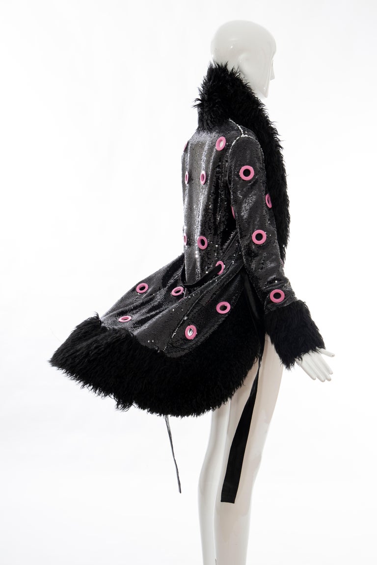 Jeremy Scott Runway Black Sequins Faux Fur Pink Enamel Grommets Coat ...