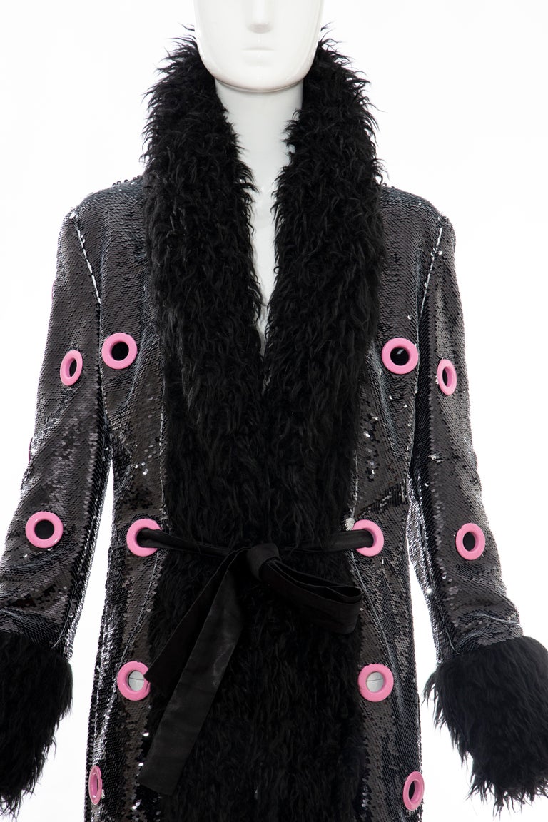 Jeremy Scott Runway Black Sequins Faux Fur Pink Enamel Grommets Coat ...