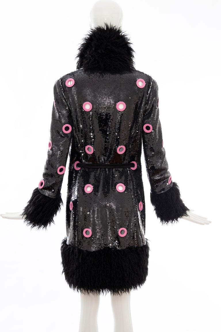 Jeremy Scott Runway Black Sequins Faux Fur Pink Enamel Grommets Coat ...
