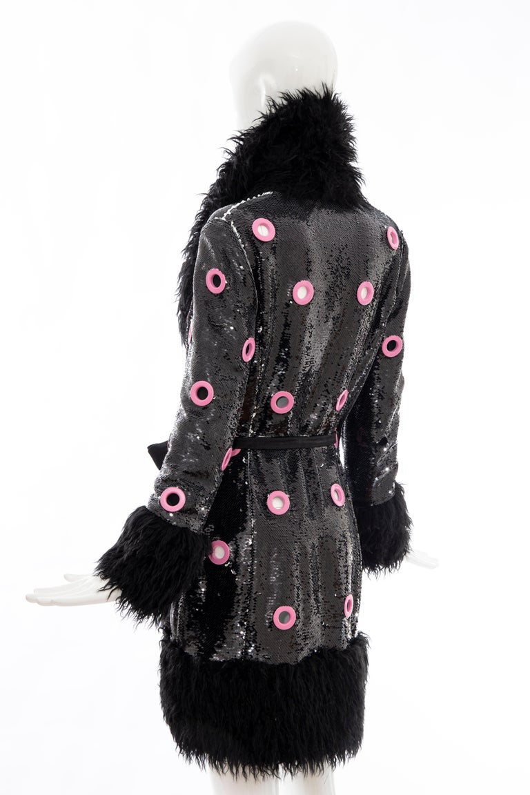 Jeremy Scott Runway Black Sequins Faux Fur Pink Enamel Grommets Coat ...
