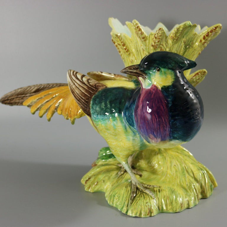 Jerome Massier Fils Majolica Pheasant Vase For Sale at 1stDibs