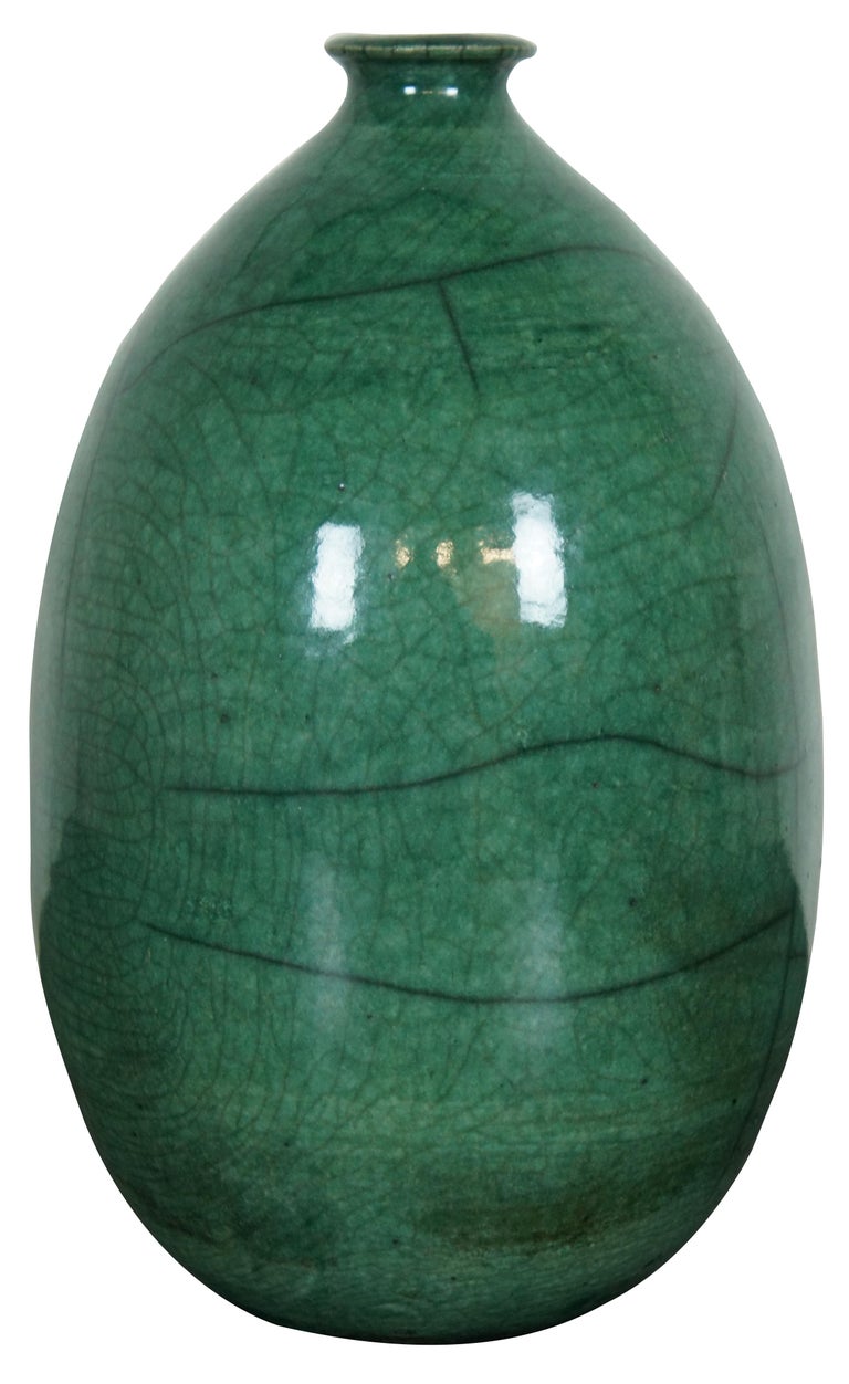 Jerry Maschinot Modern Art Pottery Green Crackle Glaze Raku Bud Vase ...