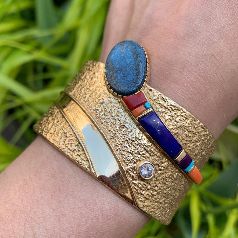 Jesse Monongya Lander Blue Turquoise Coral Lapis Diamond and Gold Cuff ...