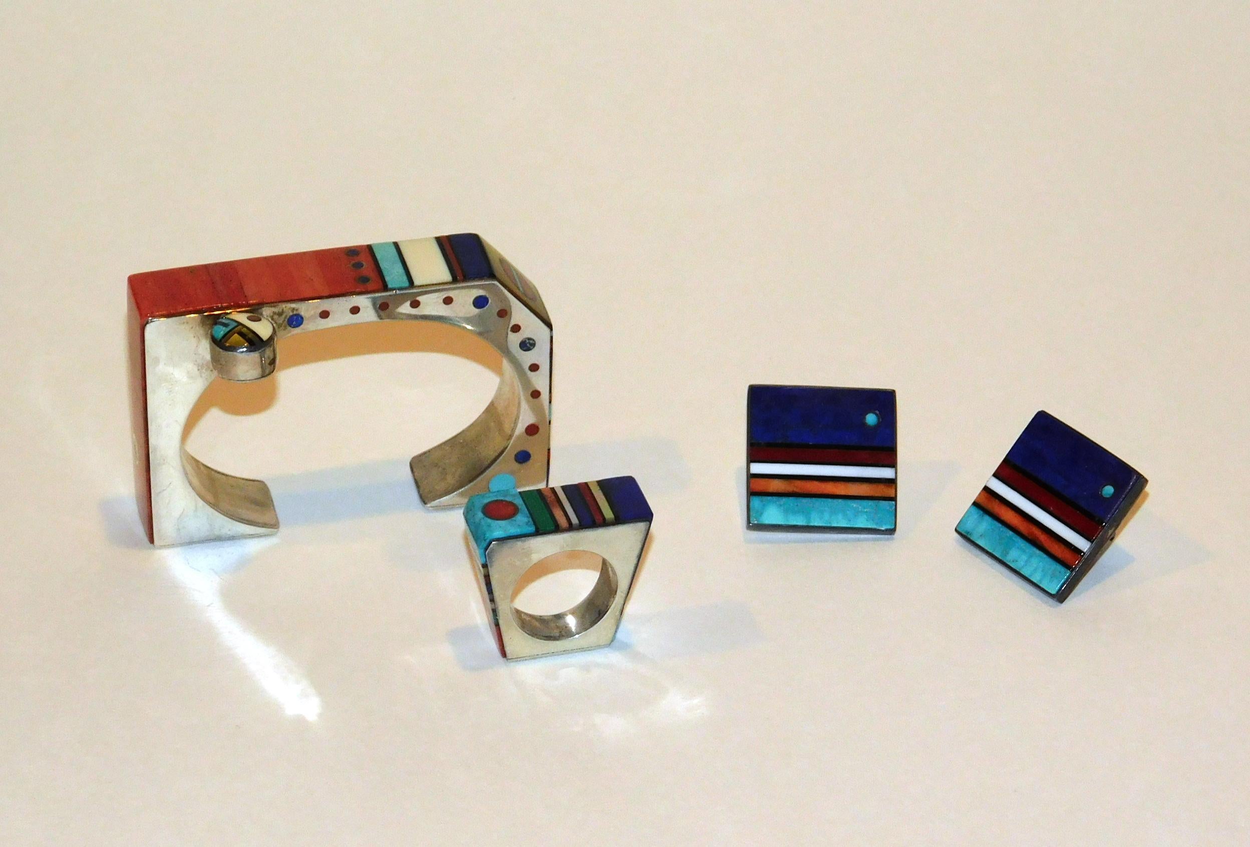 Jesse Monongya Navajo/Hopi Jewelry Set - Inlaid Bracelet, Ring and Earrings For Sale at 1stDibs ...