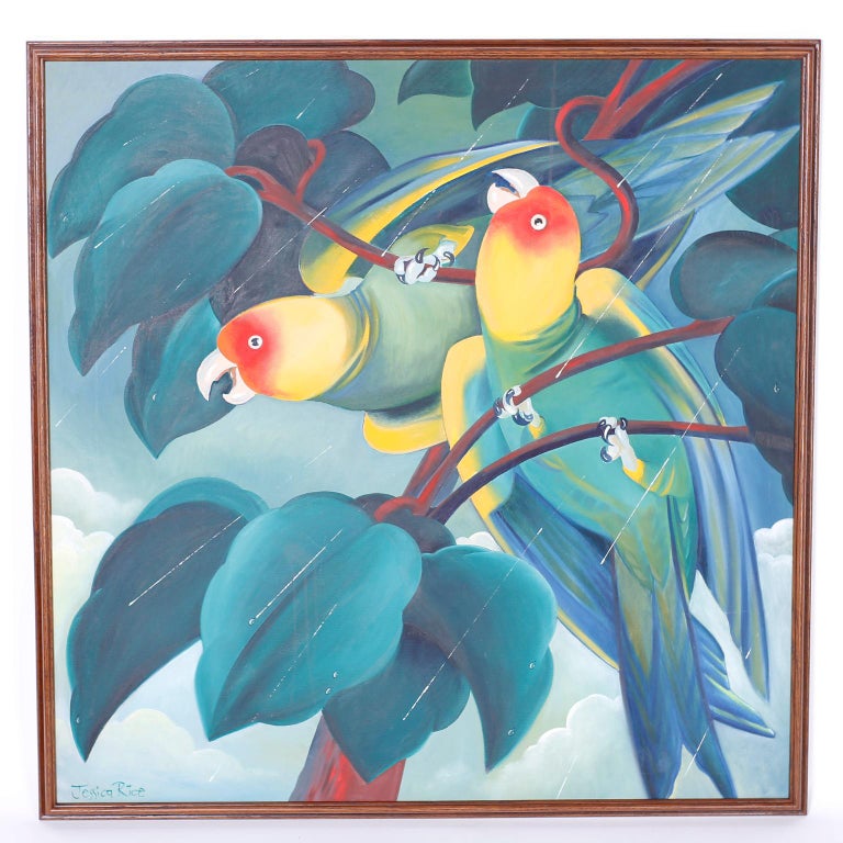Jessica Rice - Acrylic Painting on Canvas of Two Parrots in the Rain ...