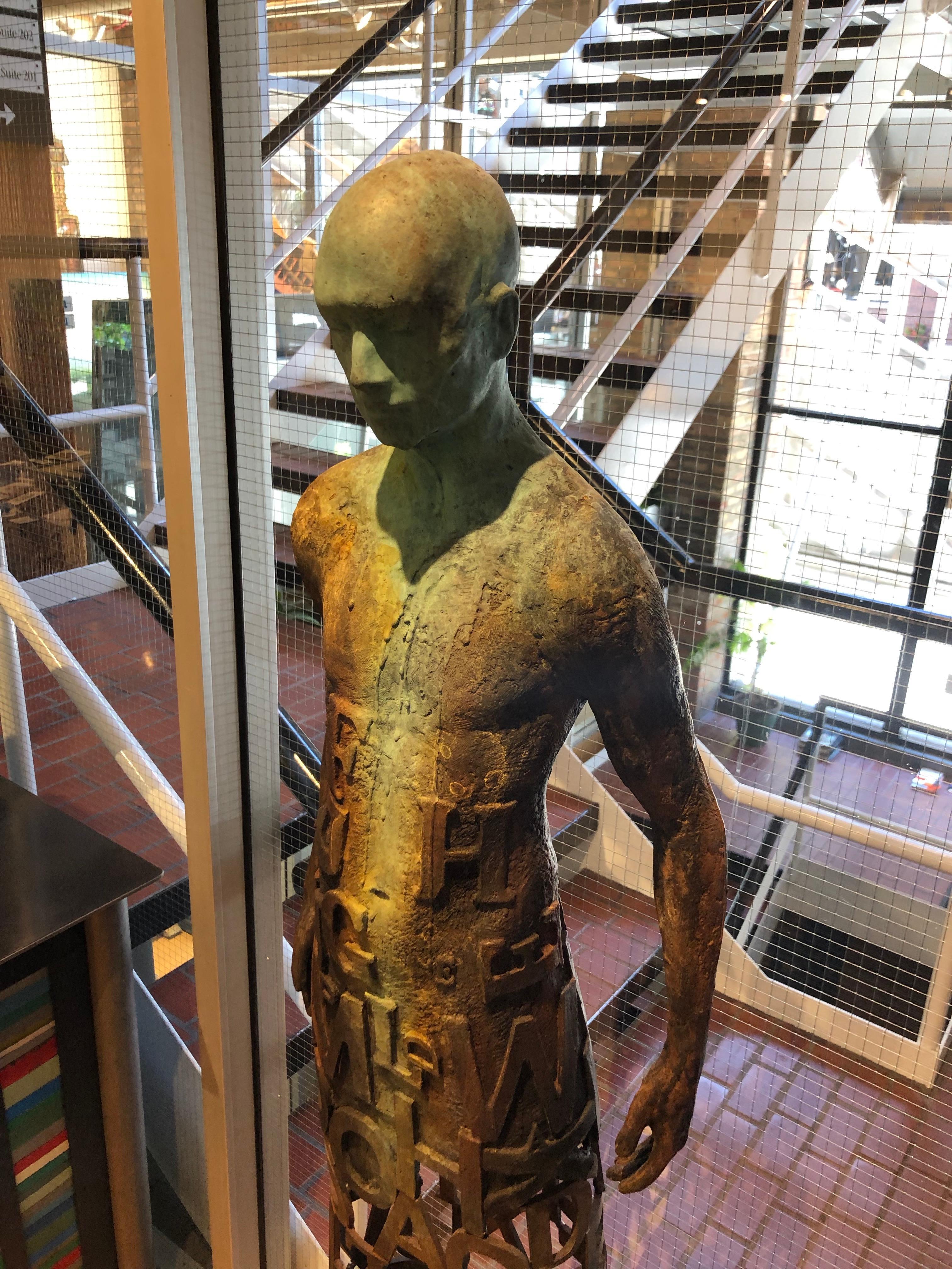 Jesus Curia Perez - Nuntius - Bronze and Steel Sculpture with Figure and See Through "Word ...