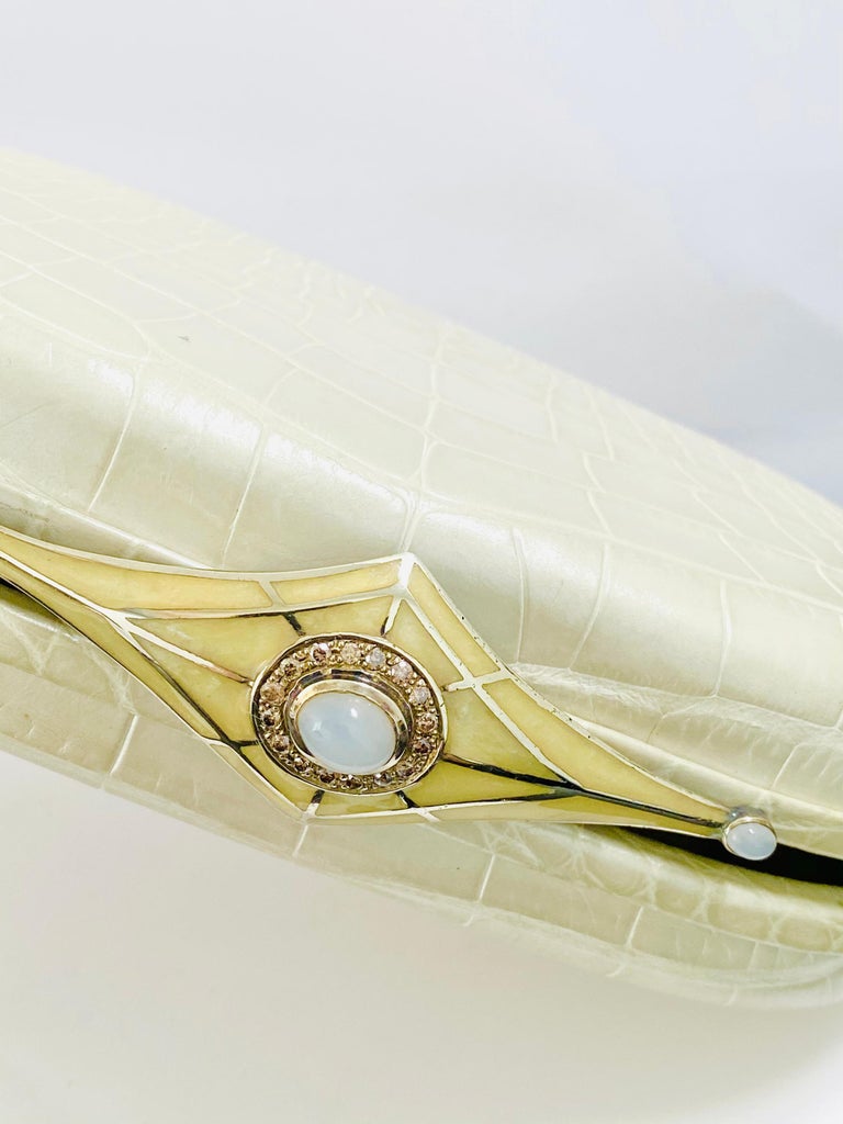 Jeweled Diamond and Enamel Silver Clasp White Alligator Exotic Skin ...